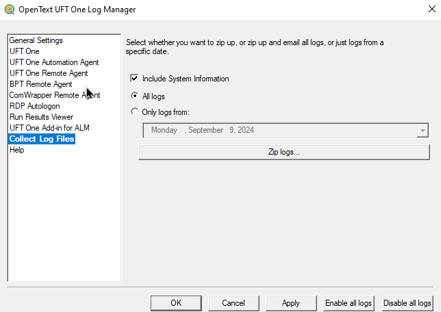 OpenText UFT One Log Manager | General Settings