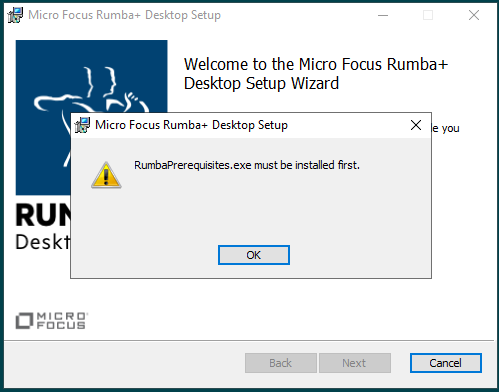 Rumba setup causes error "RumbaPrerequisites.exe must be installed ...