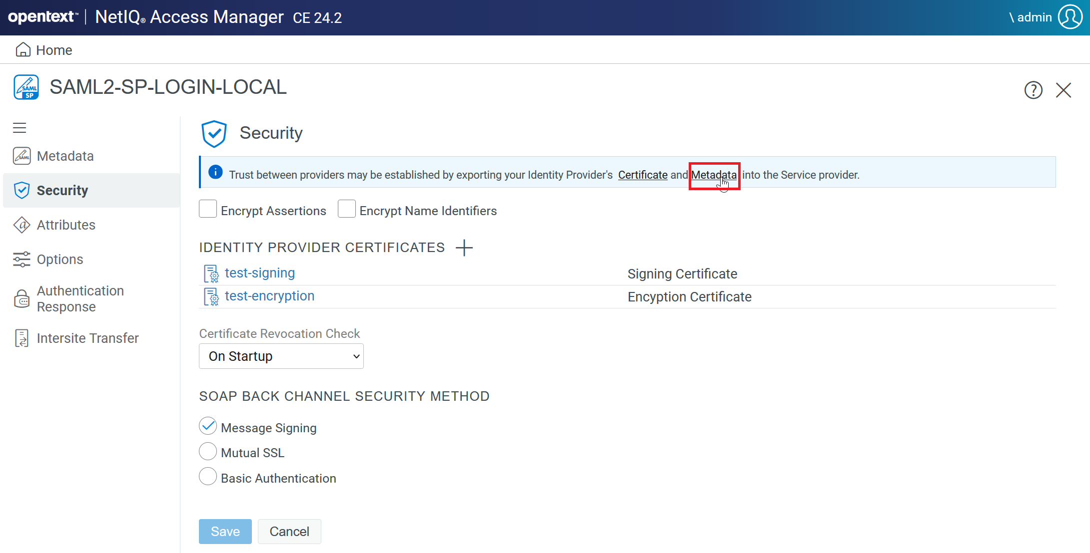 NAM 5.0 Admin Console SAML2 SP configuration menu returns the global SAML metadata instead of SP ...