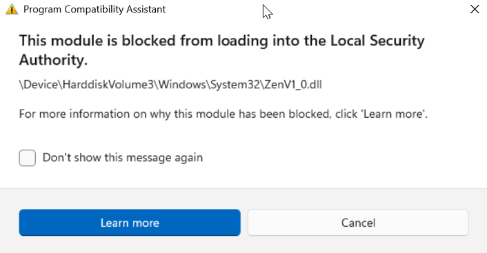 ZenV1_0.DLL: This module was blocked from loading into the Local ...