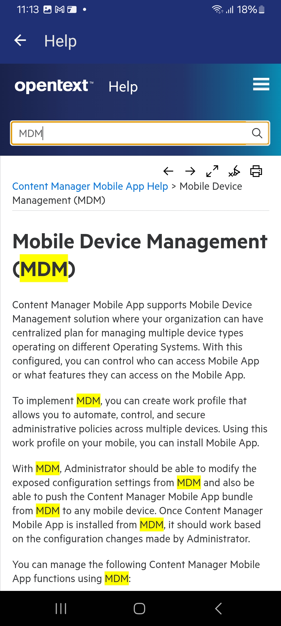 Content Manager Mobile App - Mobile Device Management feature