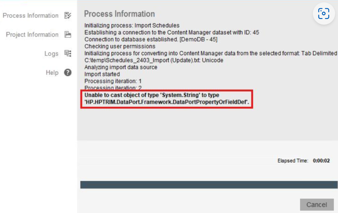 Unable to Import & Execute File in DataPort