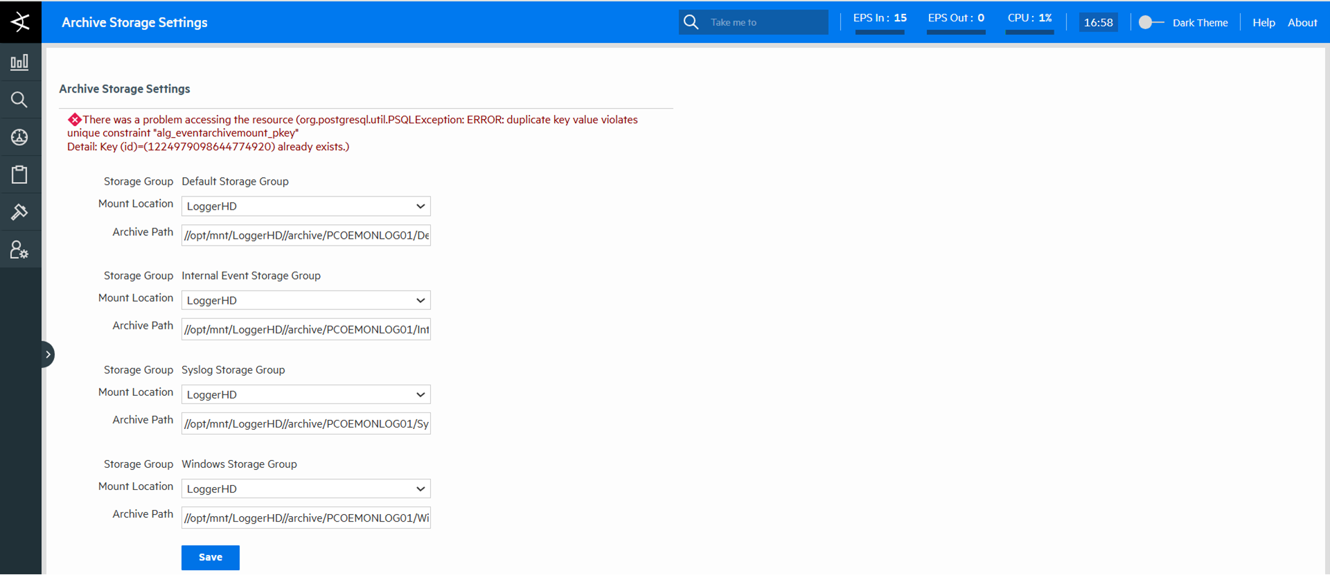 [Logger] Archive Storage Settings failed with error "There was a problem accessing the resource ...