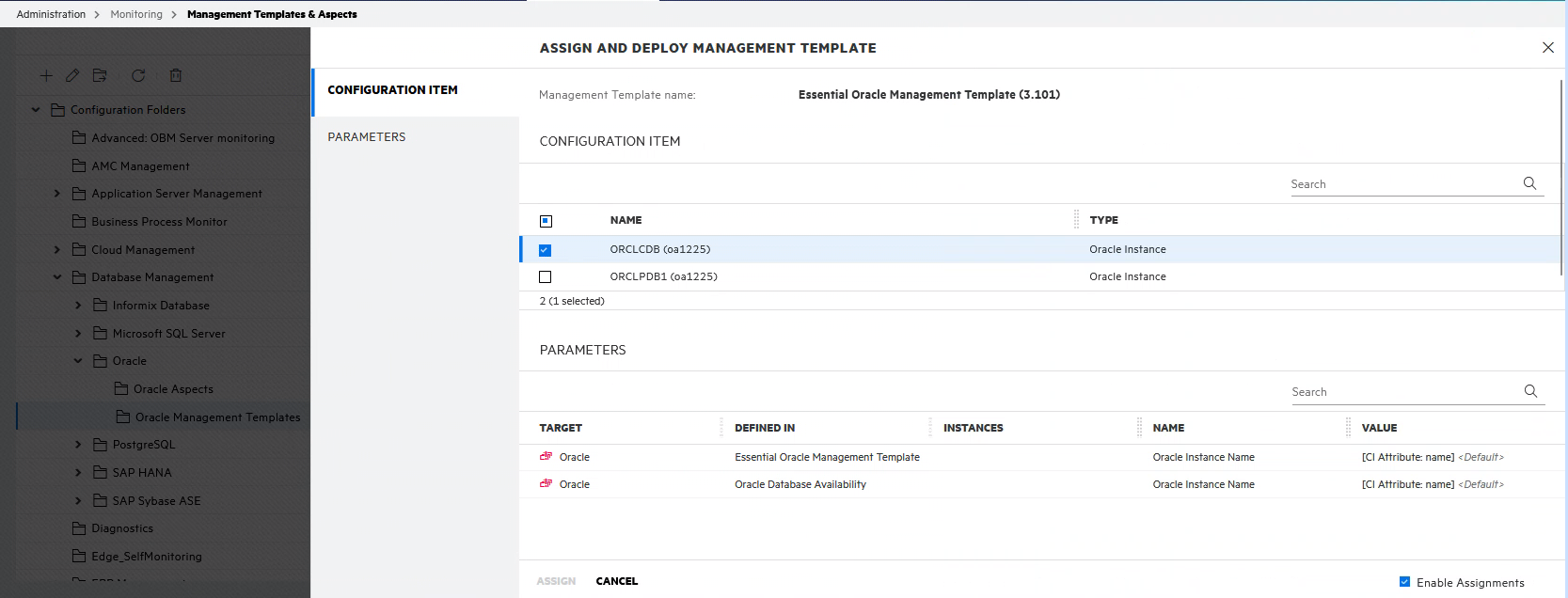 Changing aspects within an Oracle database management template adds ...