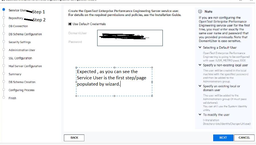 LRE Server configuration wizard is skipping the first step, "Service User" page, going directly ...