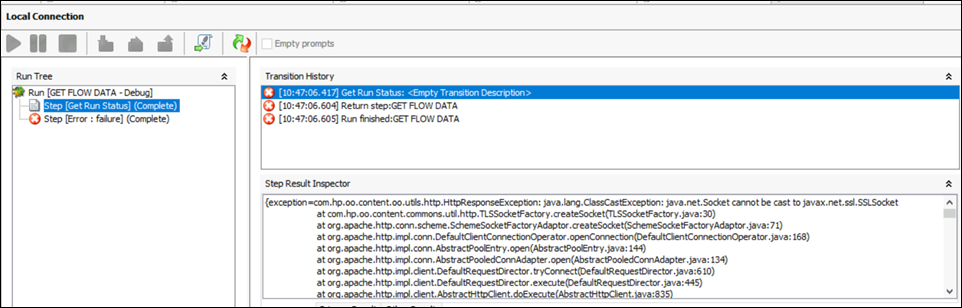 OO operation “Get Run Status” fails with “java.net.Socket cannot be cast to javax.net.ssl.Socket”