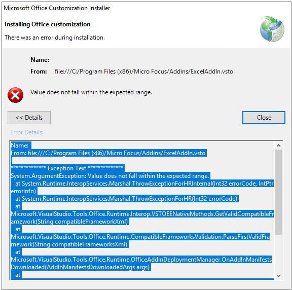 "Value does not fall within the expected range" error when opening MS Excel after installing the ...