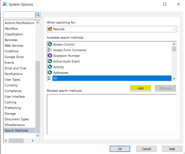 Block "All" option in the Record Search in Content Manager