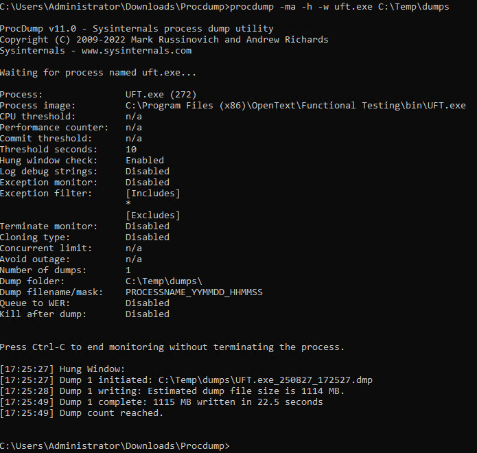 How to collect dumps when FT (UFT One) hangs