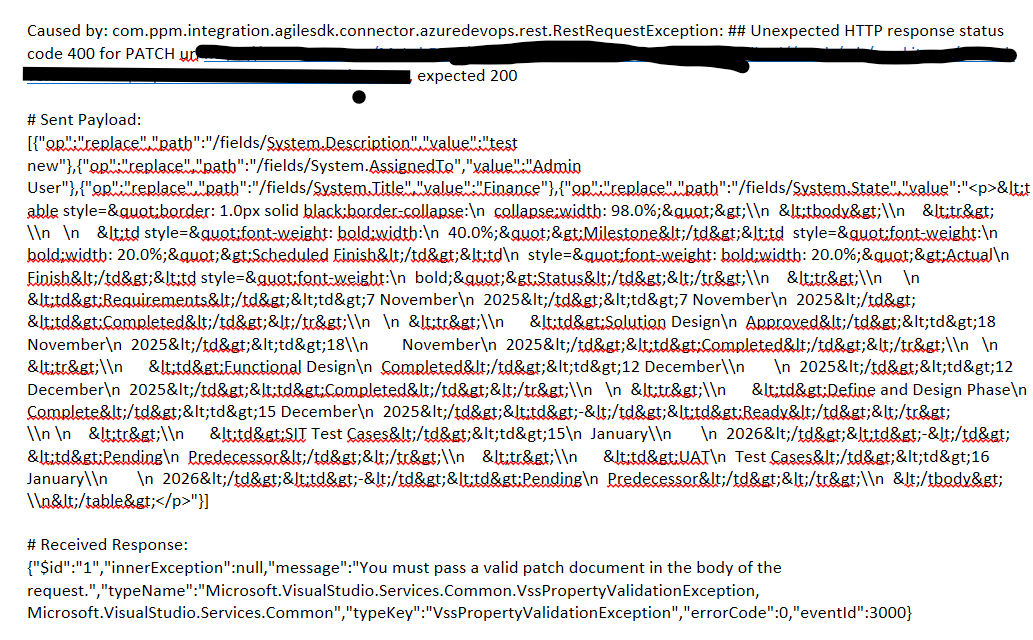 Azure ADO Integration failure - Error status 400 with error message ...